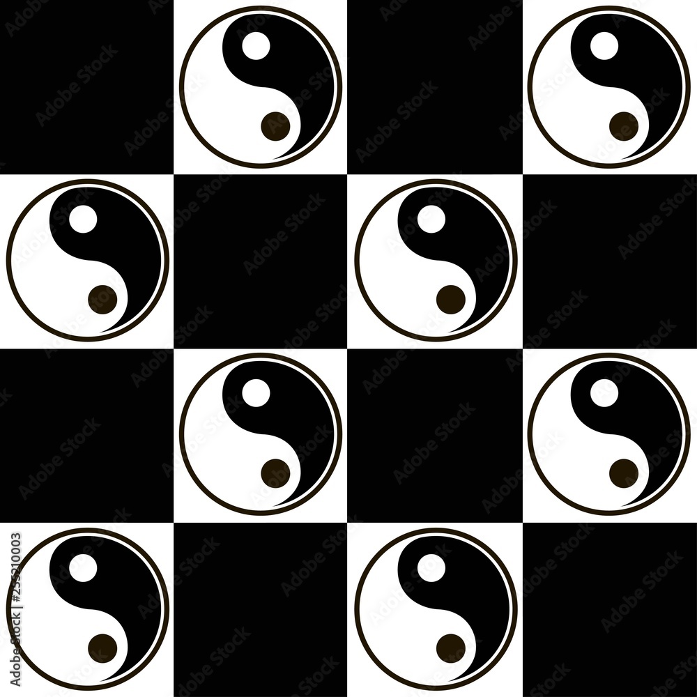 Chess board seamless pattern. Black and white squares with Yin Yang ...