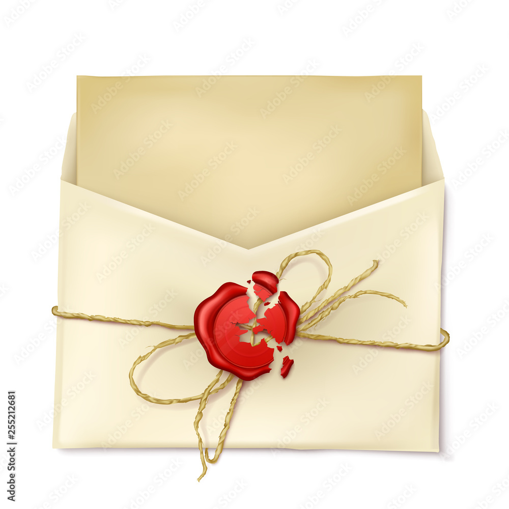 Opened paper envelope with broken red wax seal and letter or card ...