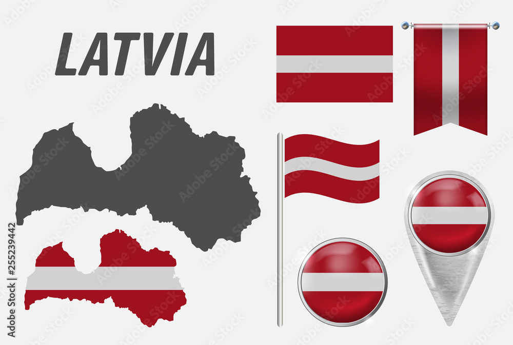 Latvia. Collection of symbols in colors national flag on various ...