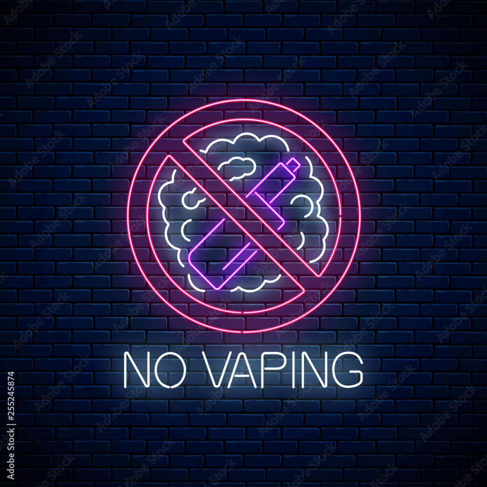 Glowing neon no vaping sign on dark brick wall background. Vape free ...