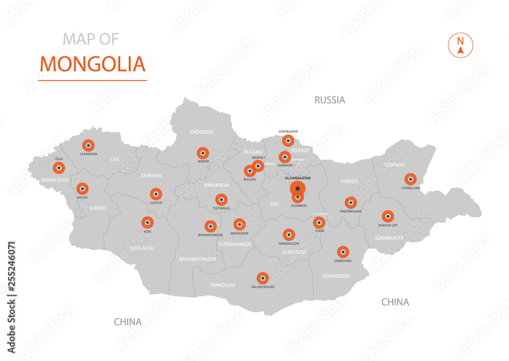 Stylized vector Mongolia map showing big cities, capital Ulaanbaatar ...