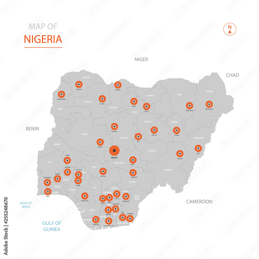 Stylized vector Nigeria map showing big cities, capital Abuja ...