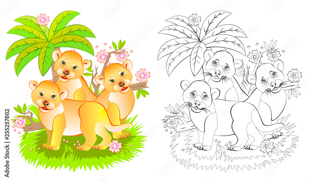 Fantasy illustration of three cute little lions in the jungle. Colorful ...