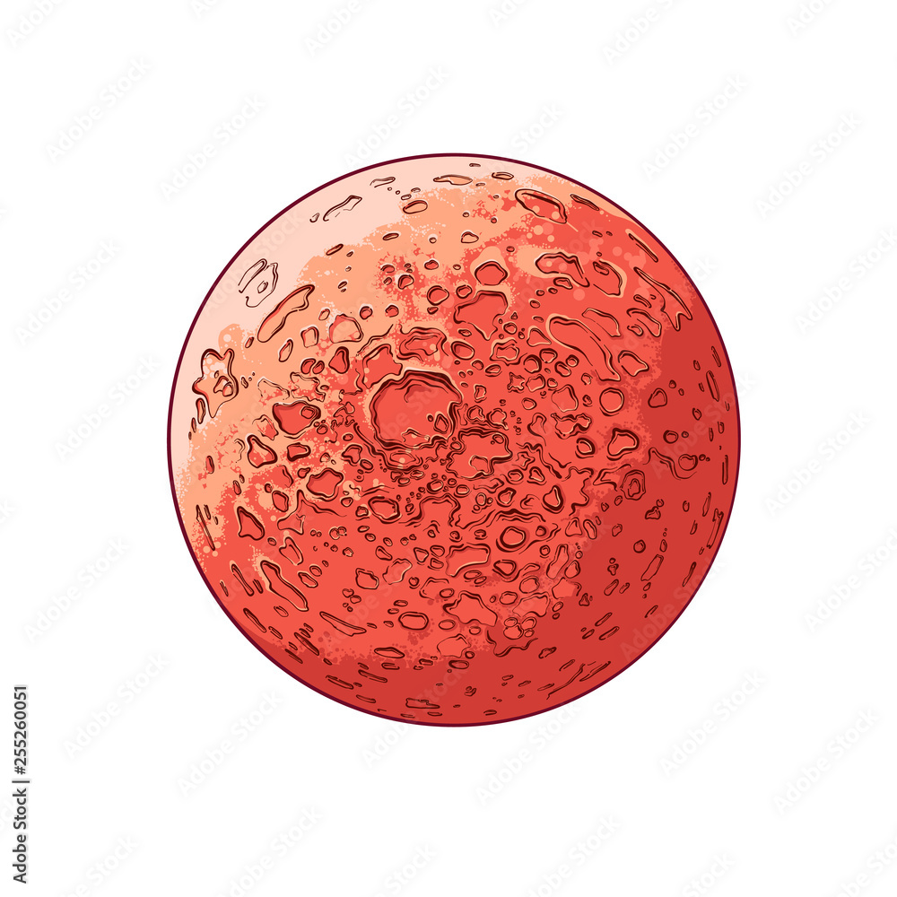 Hand drawn sketch of planet mars in color, isolated on white background ...