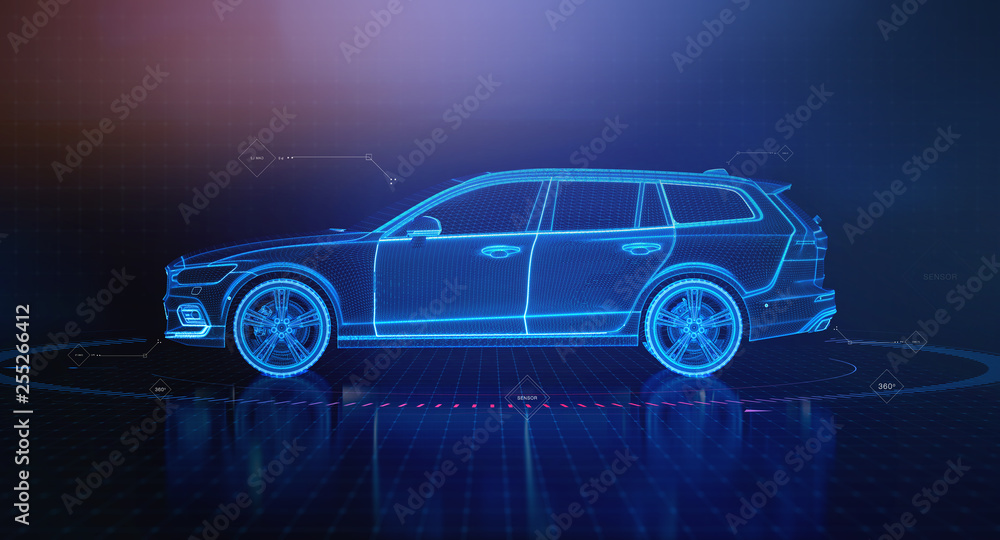 Modern car shown as wireframe with integrated user interface, concept ...