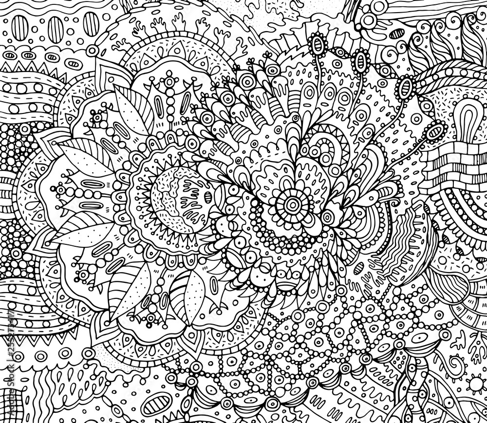 Coloring page for adults with boho doodle background. Cartoon ink ...