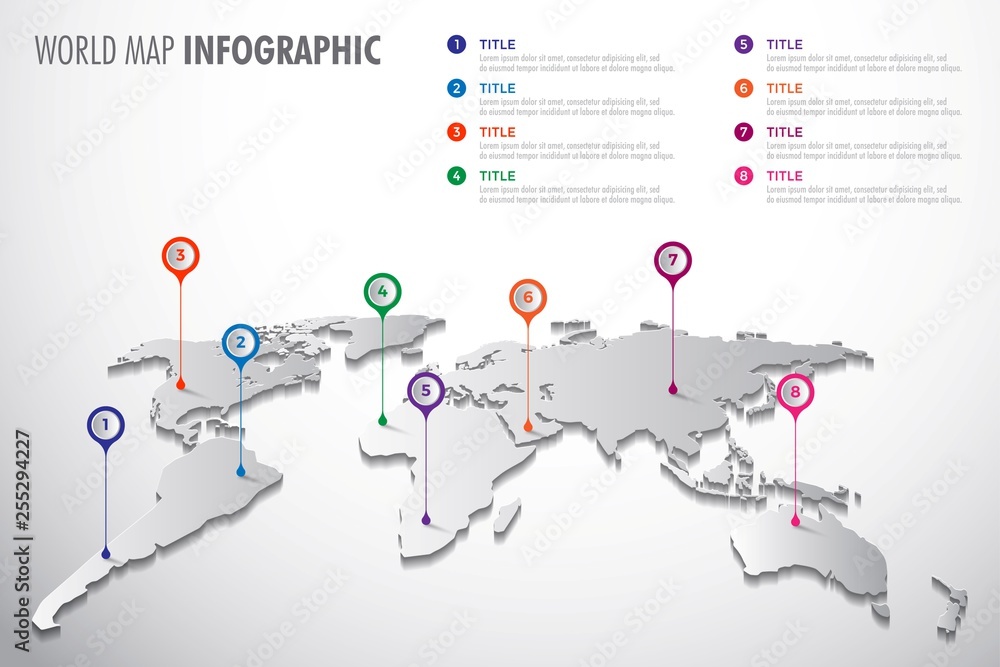 World Map infographic symbol. Icon with color pointers. Global ...