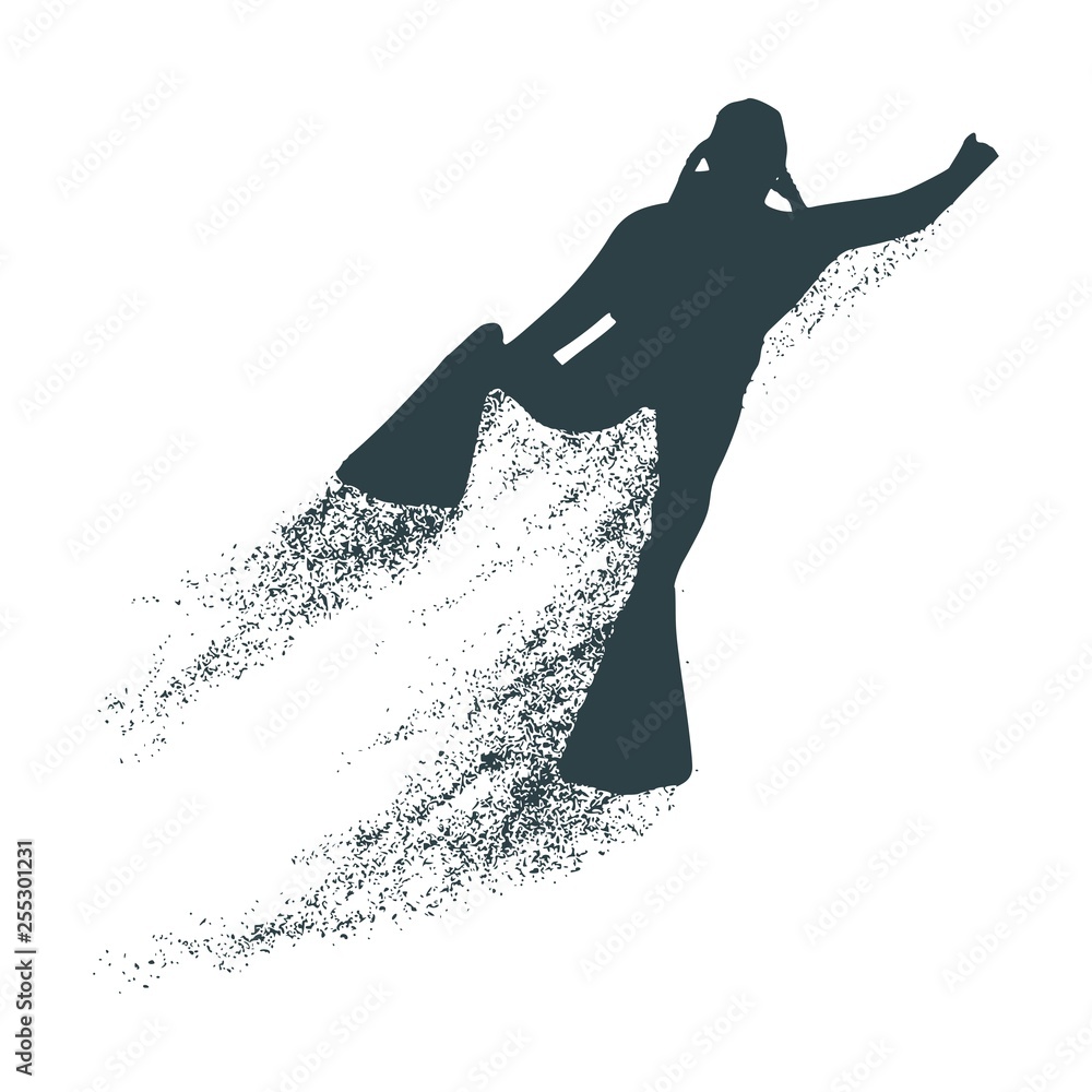 Silhouette of diver with trail of particles. The concept of sport ...