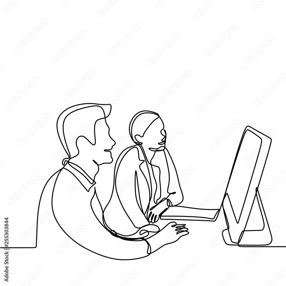 Man and girl doing work and discussion for project with a computer. One ...