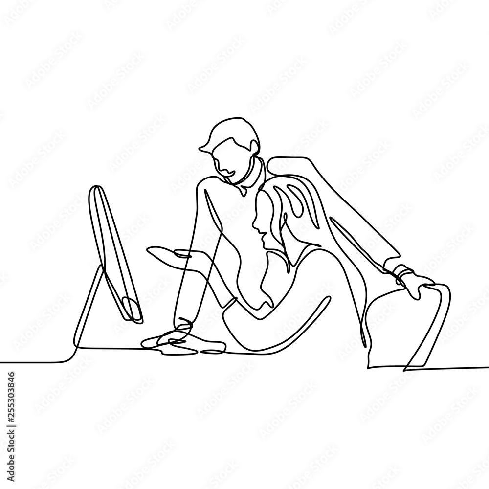 Man and girl doing work and discussion for project with a computer. One ...