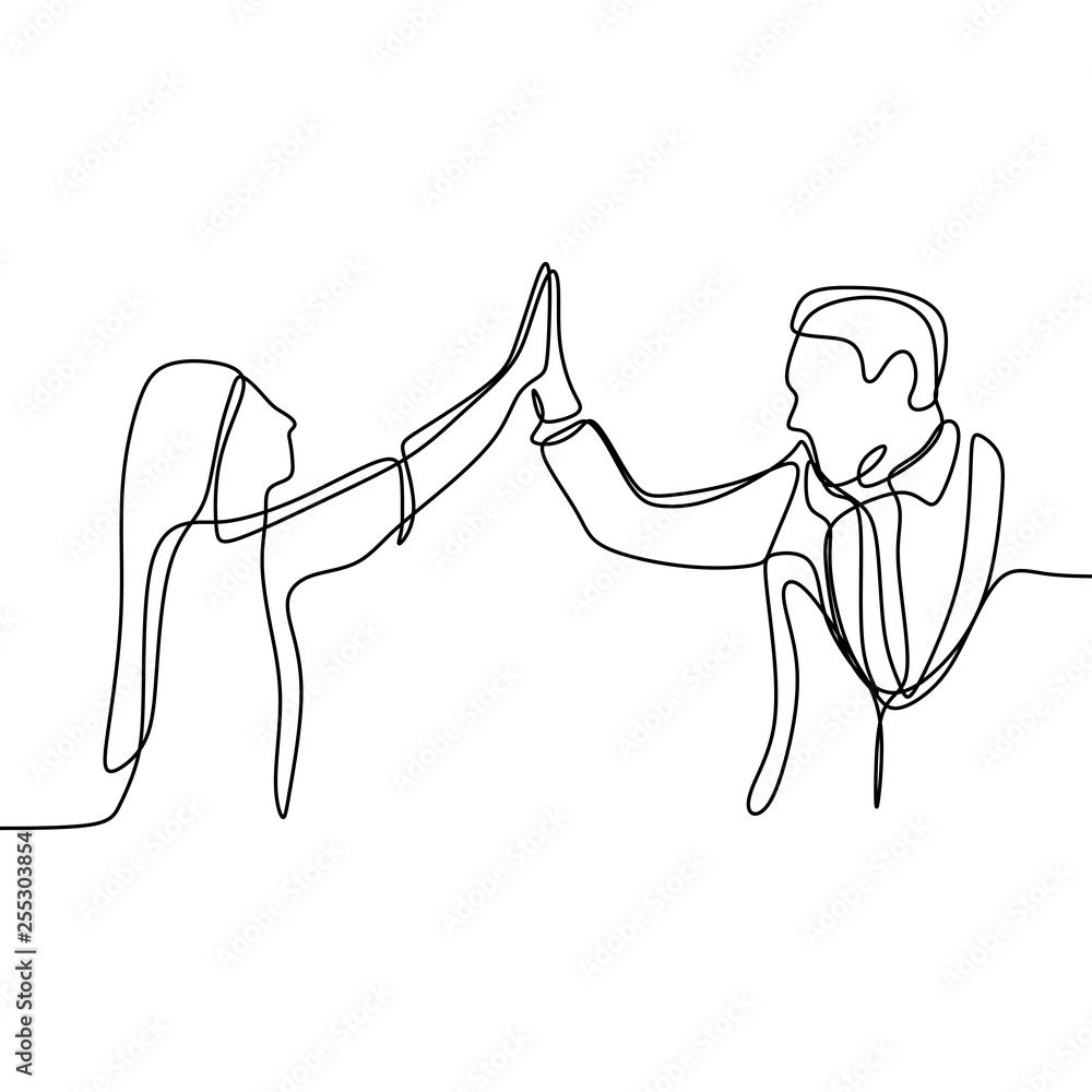 Two person rising his hand and toss a high five. Continuous line ...