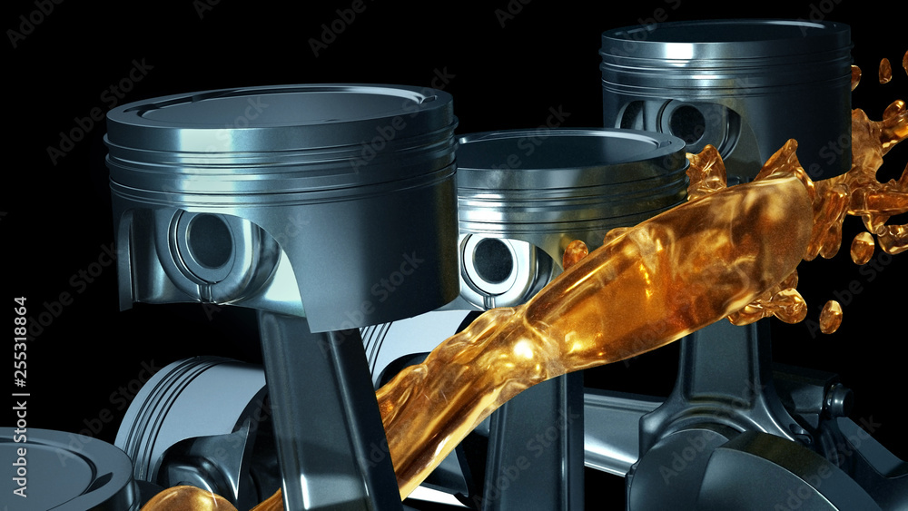 3d illustration of car engine with lubricant oil on repairing. Concept ...