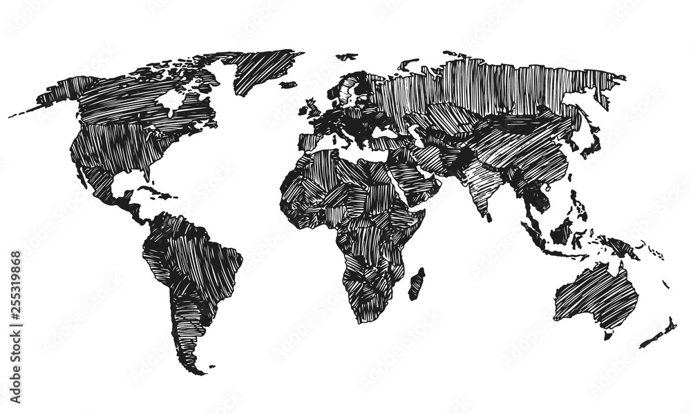 Best doodle world map for your design. Hand drawn freehand editable ...
