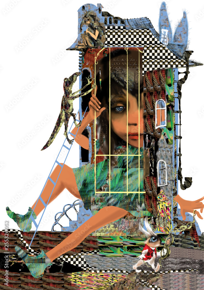 Alice in Wonderland is stuck in the Rabbits House, too big to leave or ...