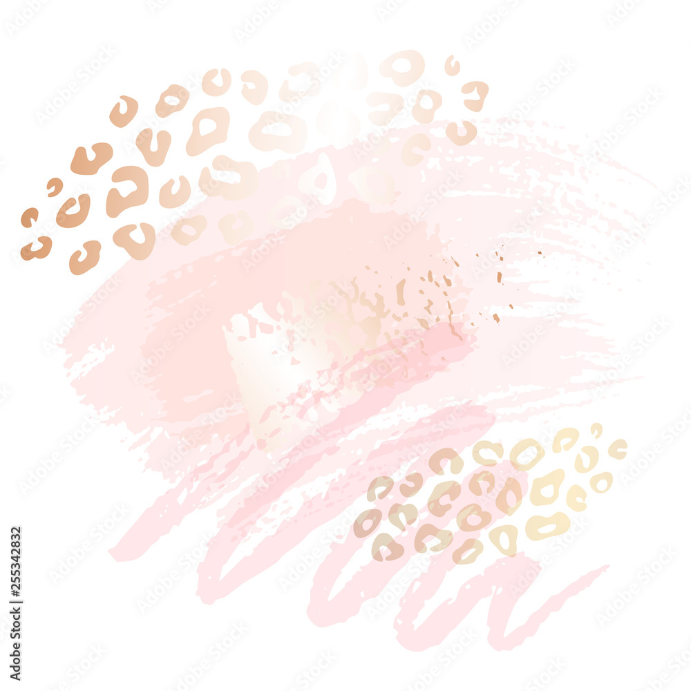Golden leopard skin pink art frames. Modern card design, brush stroke ...
