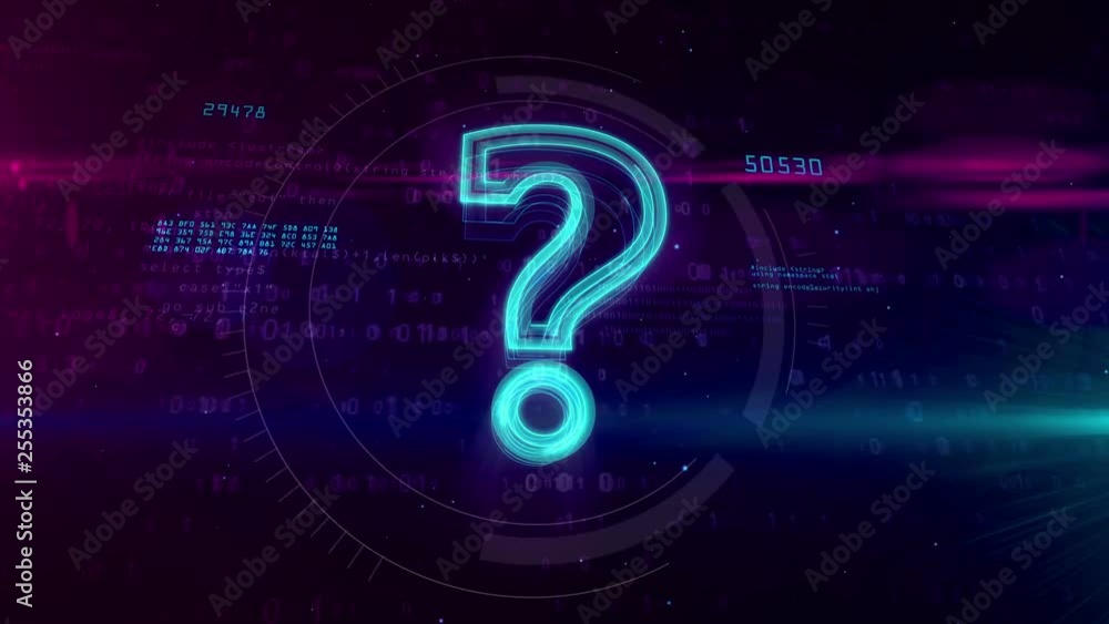Question mark hologram sign on digital background. Abstract concept of ...