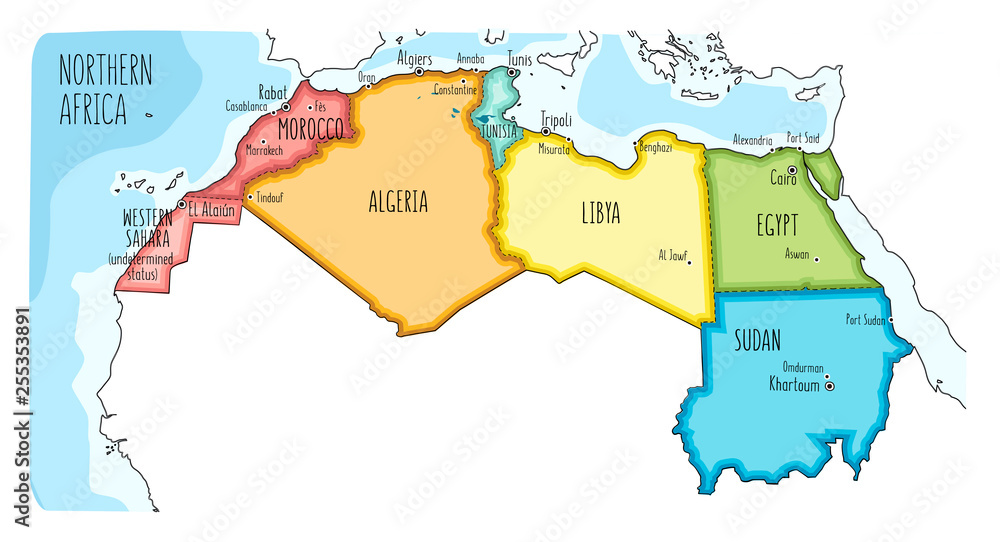 Colorful hand drawn political map of Northern Africa with English ...