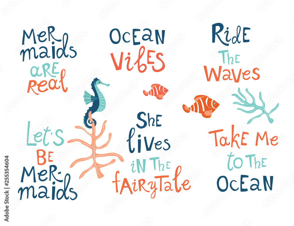 Mermaid party hand drawn blue lettering set. Positive quote cliparts ...