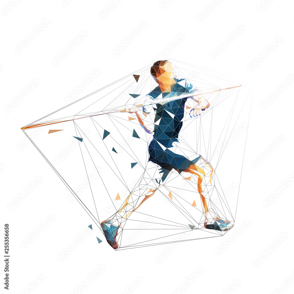 Javelin throw, polygonal athlete throwing, isolated vector geometric ...