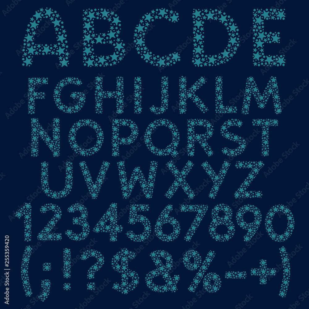 Alphabet, letters, numbers and signs of blue constellations, stars and ...