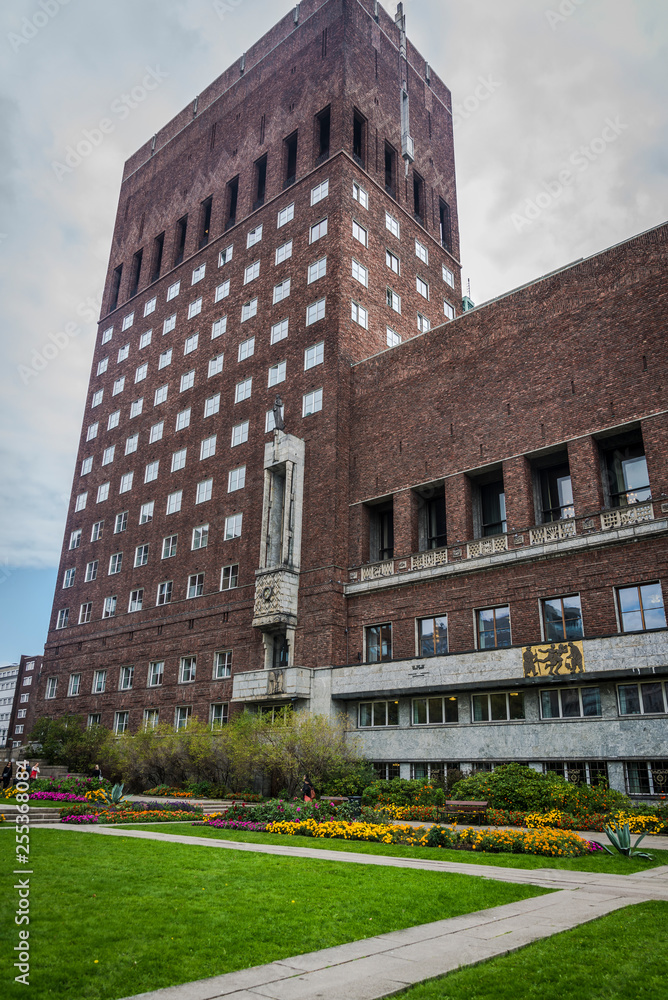 Oslo City Hall, red brick building built in functionalist style between ...