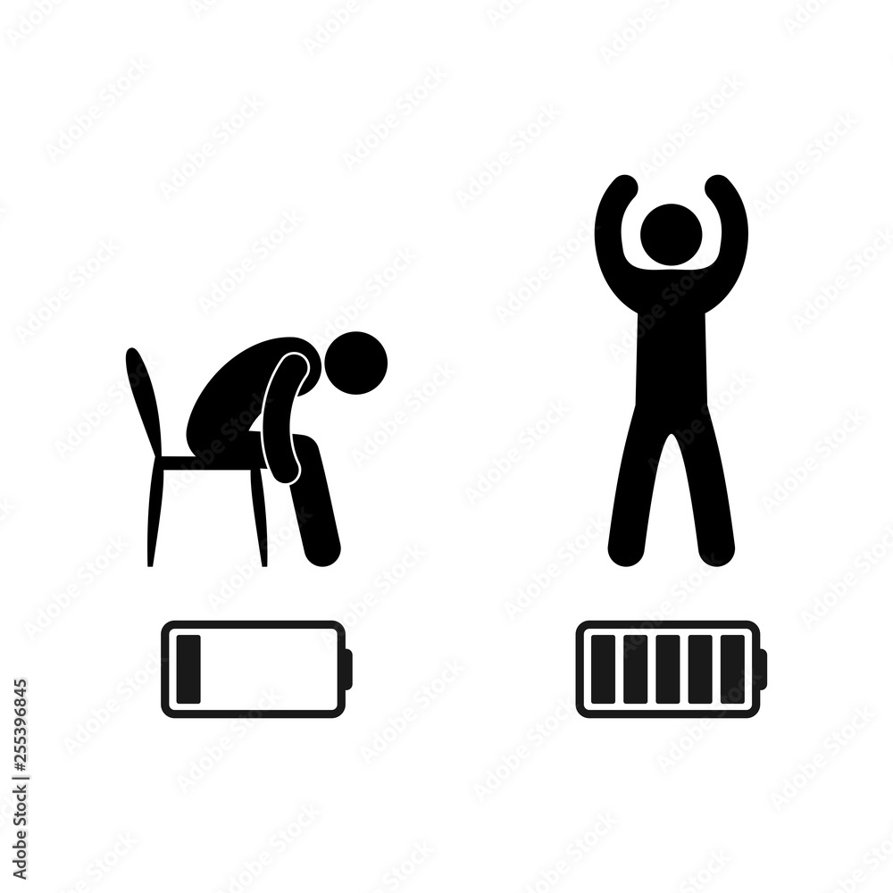 Human pictogram, battery charge is empty. Man icon battery full. Stock ...