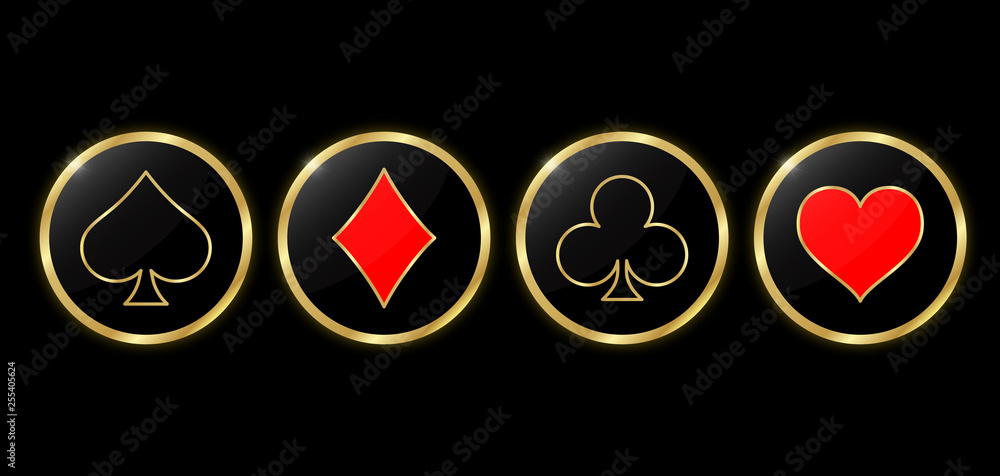 Set of round poker and casino icons. Suit golden deck of playing cards ...