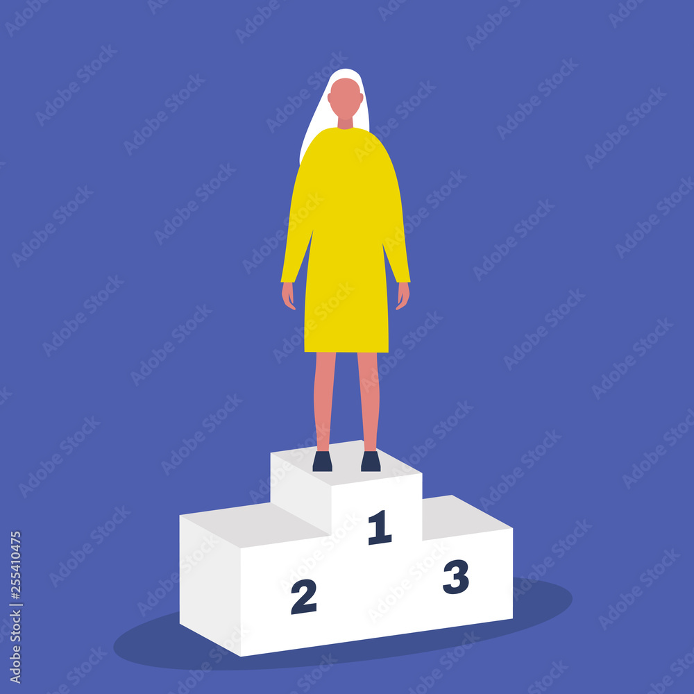 Victory conceptual illustration. Young female character standing on a ...