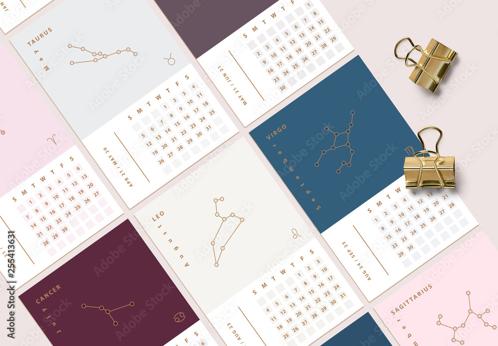 12 Astrology Calendar Layouts with Constellation Illustrations Stock ...