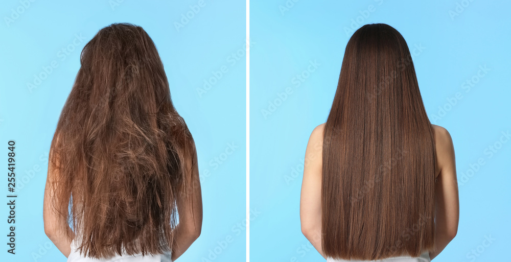 Woman before and after hair treatment on color background Stock Photo ...