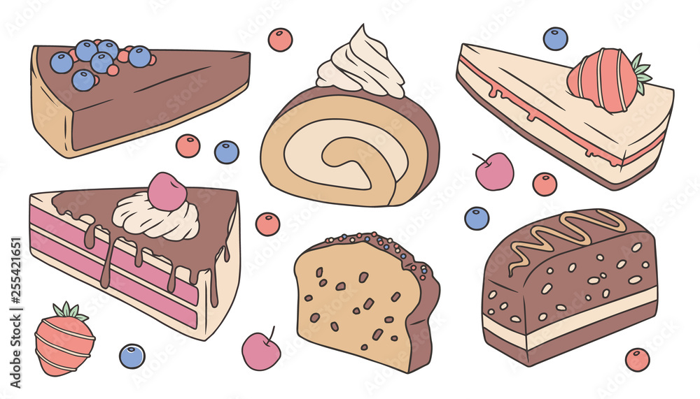 Cute cartoon vector collection set with different delicious cakes Stock ...