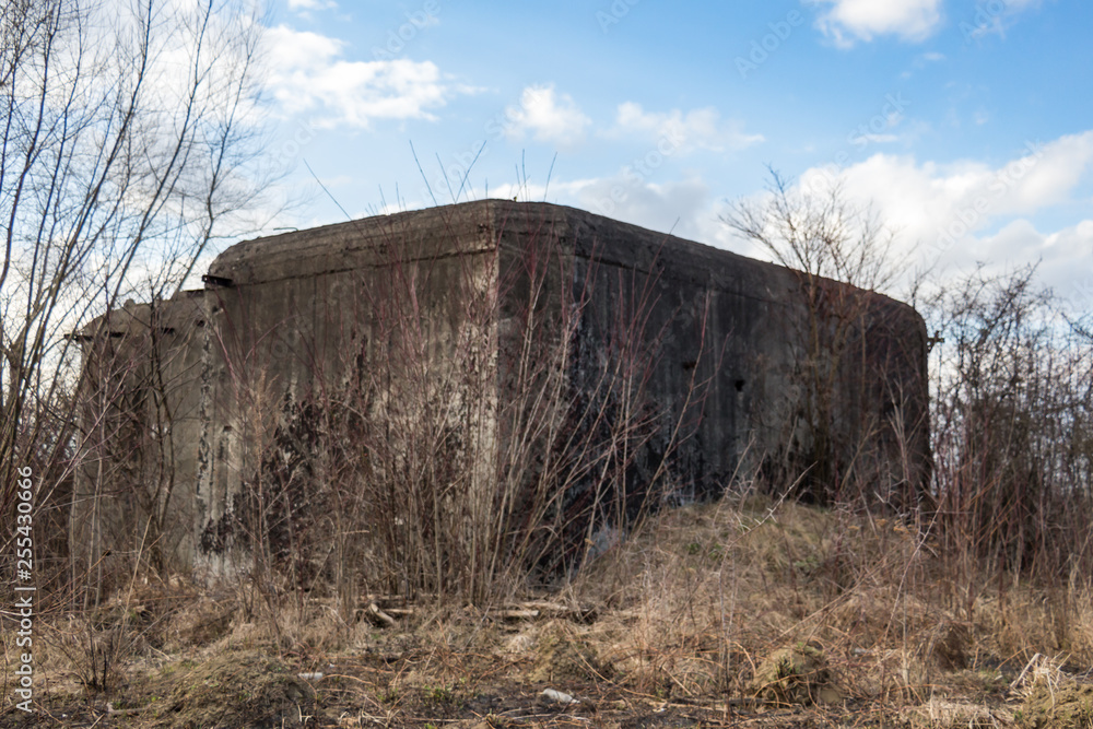 Destroyed soviet bunker, pillbox. Reinforced concrete defensive ...