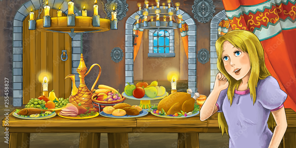 Cartoon fairy tale scene with princess by the table full of food ...