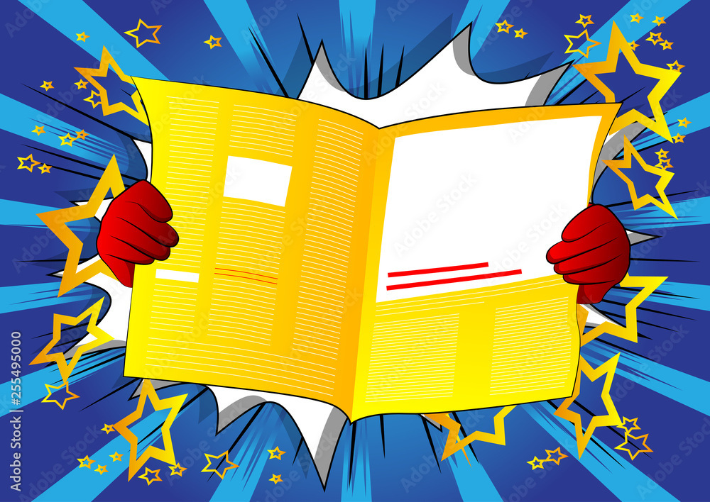 Vector cartoon hand holding a newspaper. Illustrated hand on comic book ...