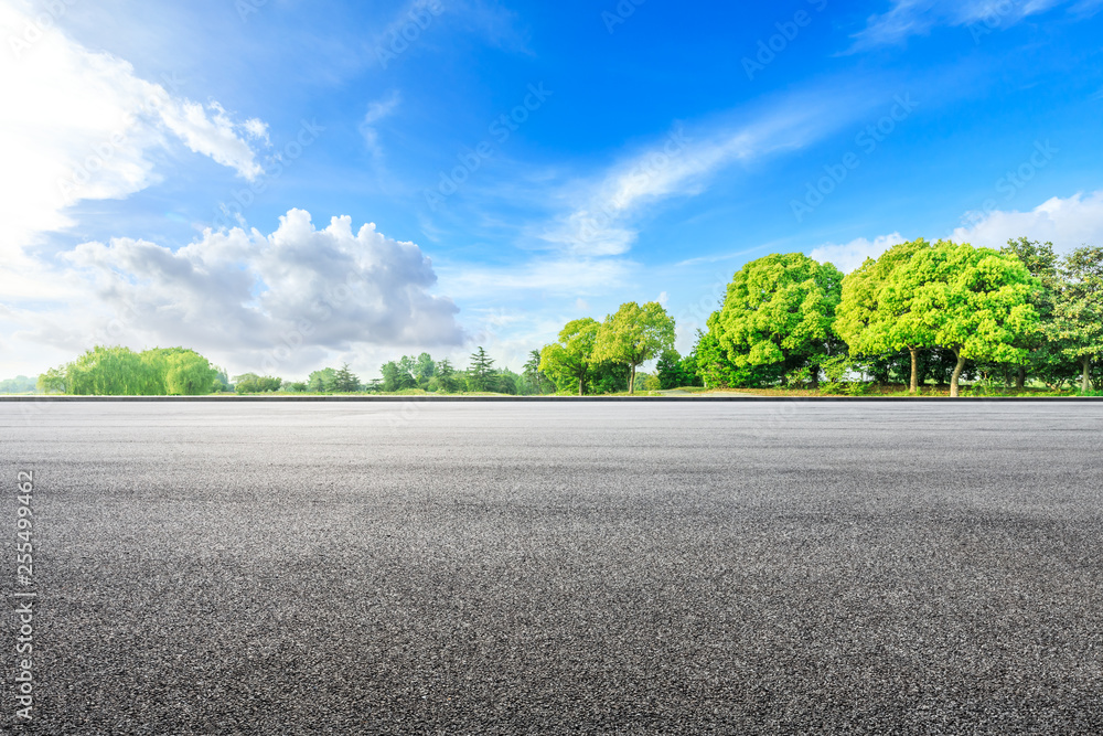 Asphalt road ground and green woods in the countryside nature park ...
