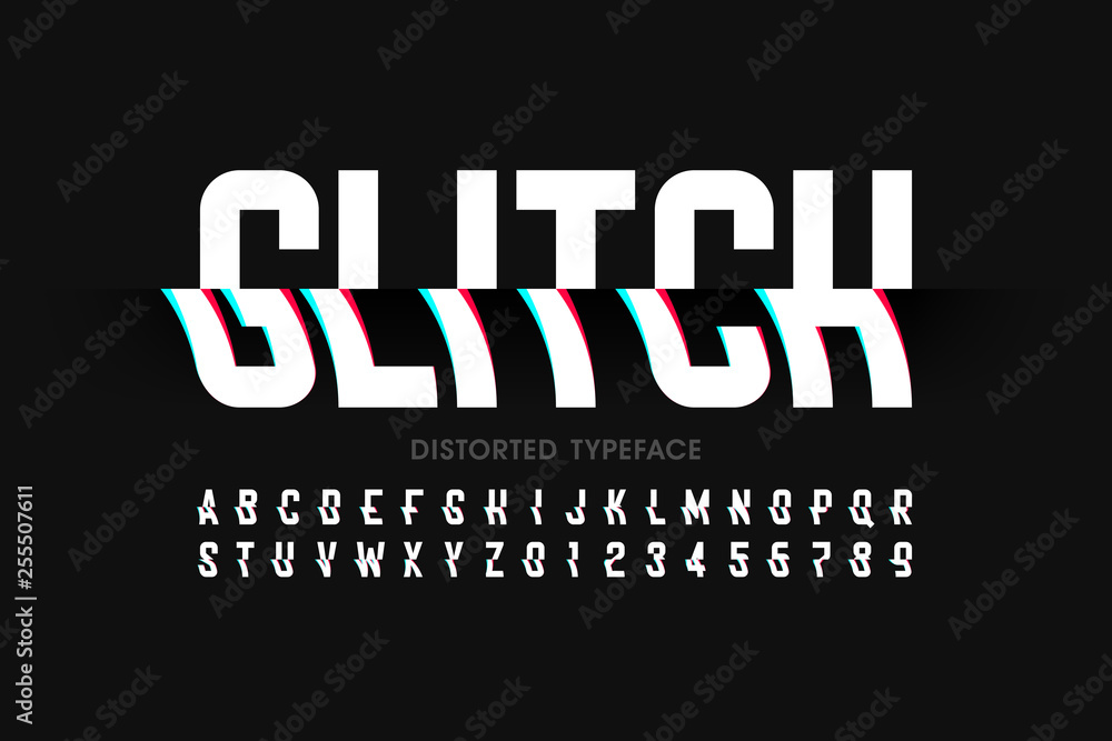 Glitch font with distorted effect, alphabet letters and numbers Stock ...