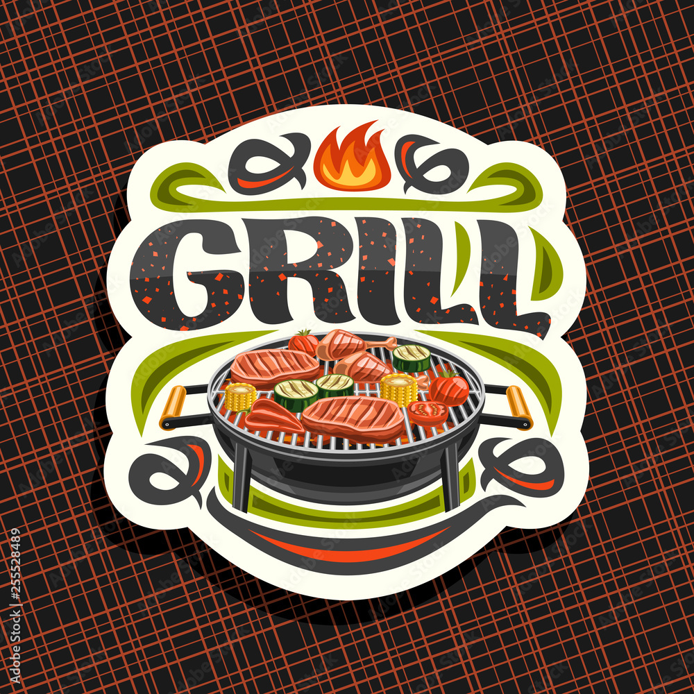 Vector logo for Grill, white decorative signboard with fried chicken ...