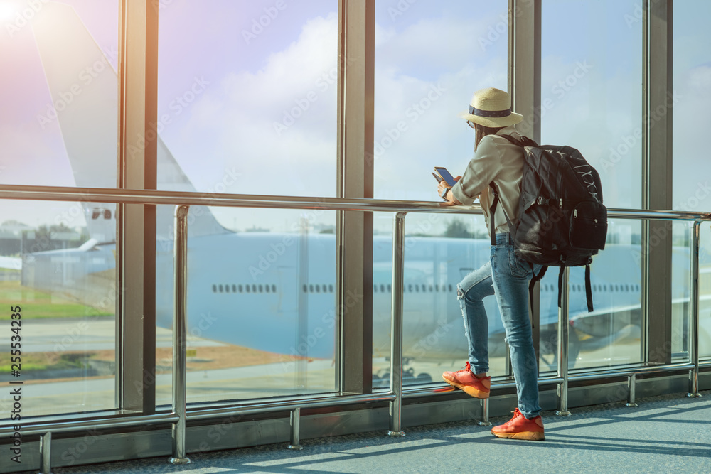 woman passenger tourist or traveller in late, delay checking in the ...