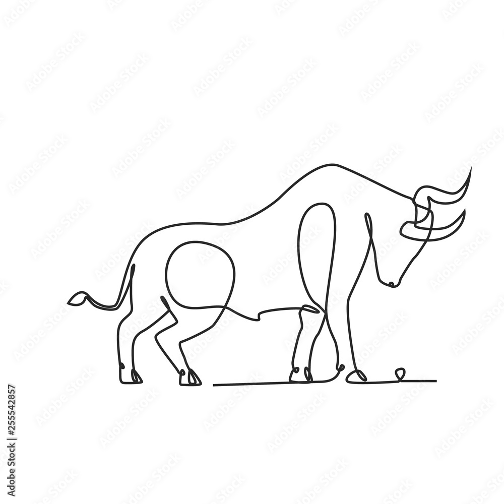 Drawing a continuous line. Bull on white isolated background Stock ...