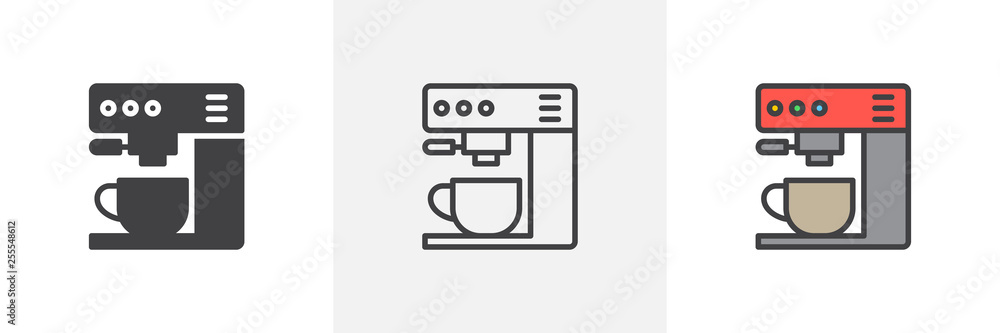 Coffee machine and coffee cup icon. Line, glyph and filled outline ...