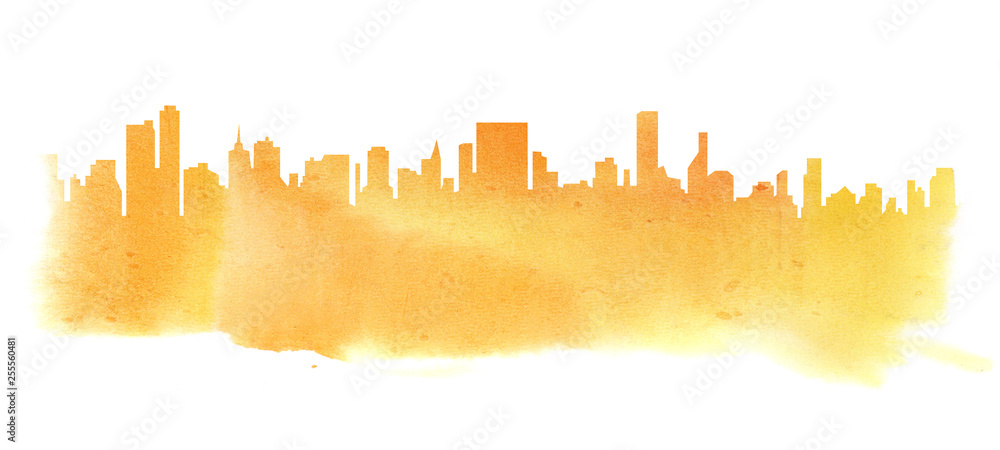 Modern cityscape yellow orange watercolor silhouette drawing. Stock ...