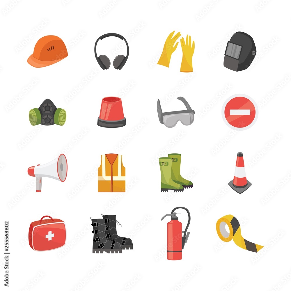 Vetor de Icons set of safety equipment for work and protective clothing ...