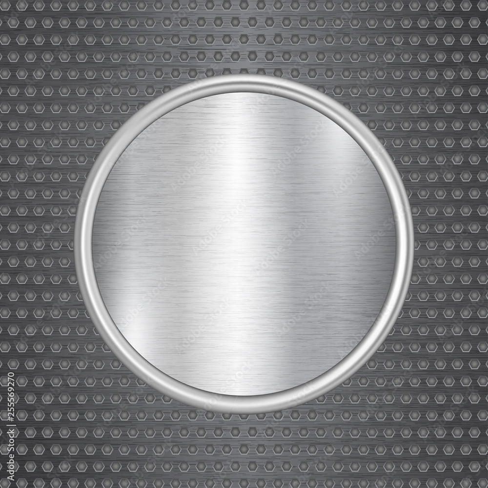 Round metallic button frame vector on perforated brushed steel surface ...