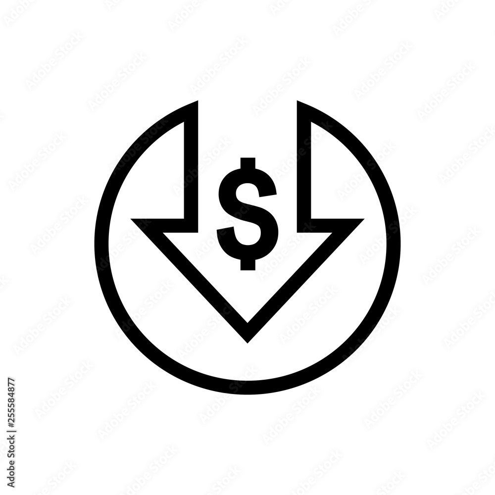 Cost reduction icon. Dollar Down Icon. dollar decrease icon. Money symbol with arrow stretching ...