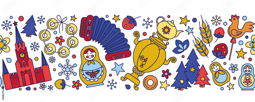 Russian Moscow Russia colored icons seamless background border frame ...