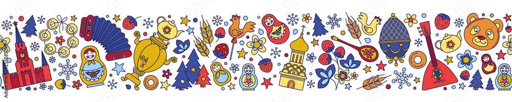 Russian Moscow Russia colored icons seamless background border frame ...