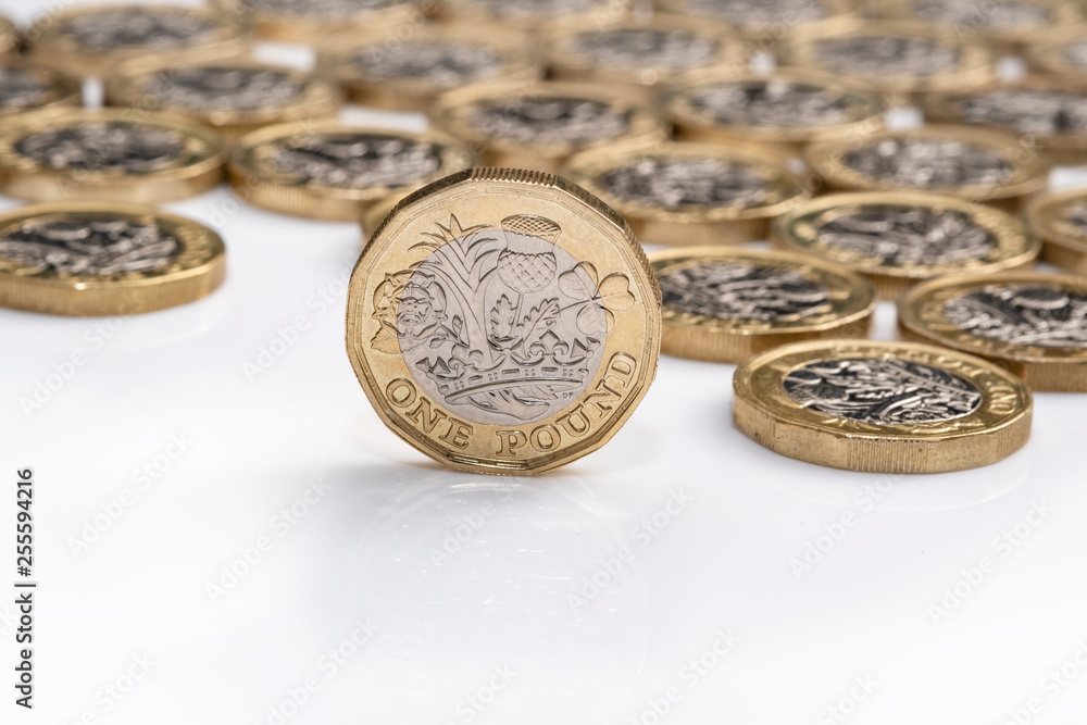UK money, picture shows pound coin standing on edge with background of ...