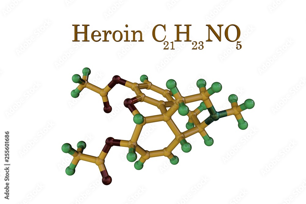 Structural chemical formula and model of heroin or diamorphine. Heroin ...