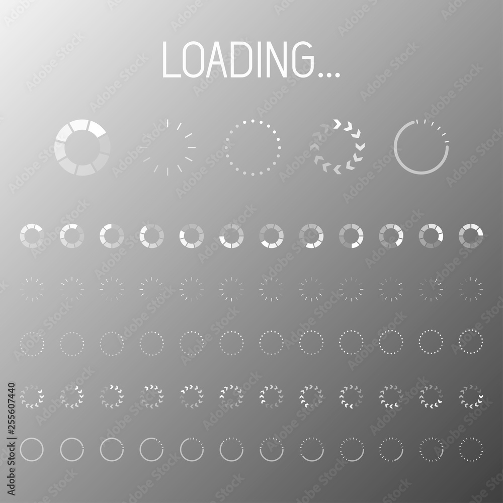 Set of contour progress bars with percentages. Loader and preload circle ui indicator. Load ...