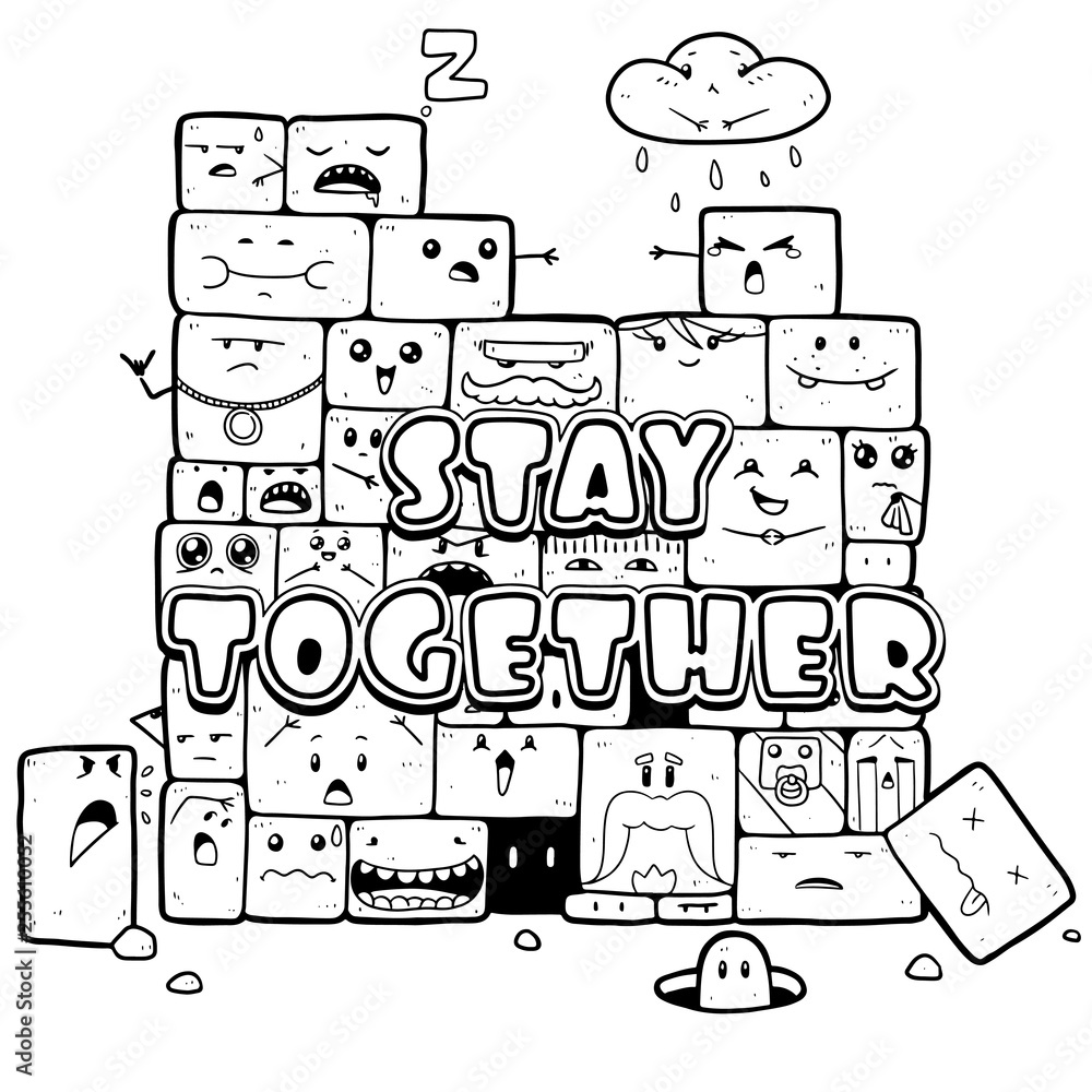 A wall that consists of crazy doodle characters as a concept of unity ...